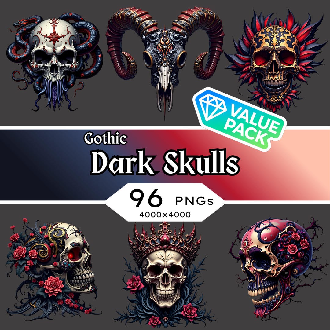 96 Gothic Dark Skull Clipart PNG • Medical Bone Kintsugi Gold Floral ...
