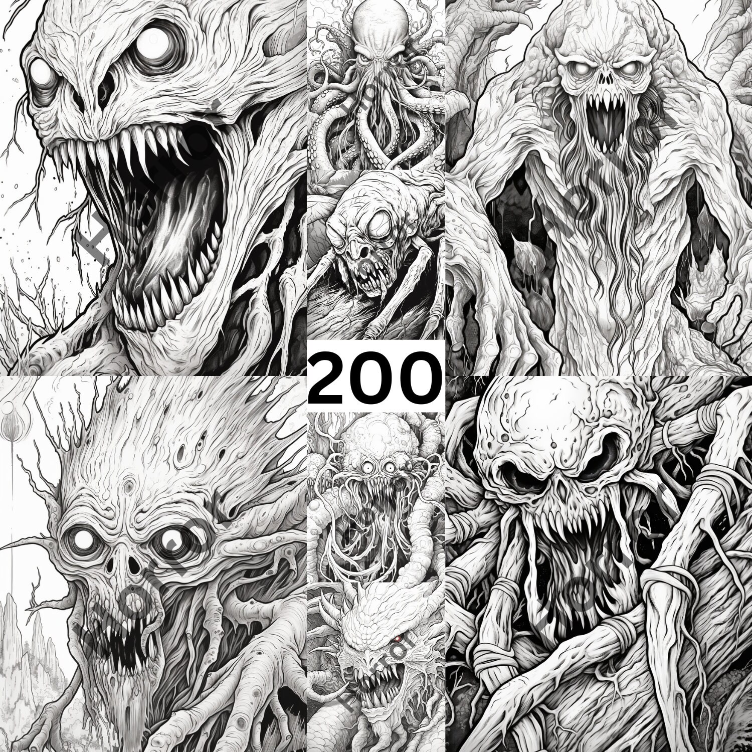 200 Horror Monster Coloring Pages: Greyscale Illustrations (printable ...