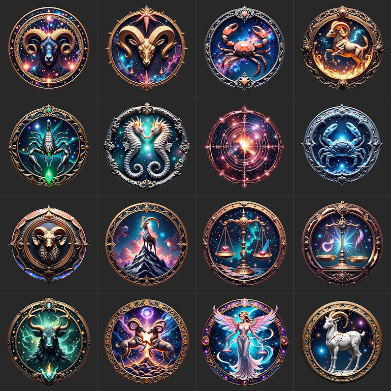 Zodiac Emblems PNG Bundle: 162 Celestial Astrology Neon Designs ...