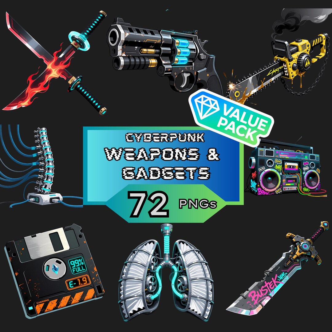 72 Cyberpunk Weapon Gadget Clipart PNG Bundle. Neon Pistol Katana ...