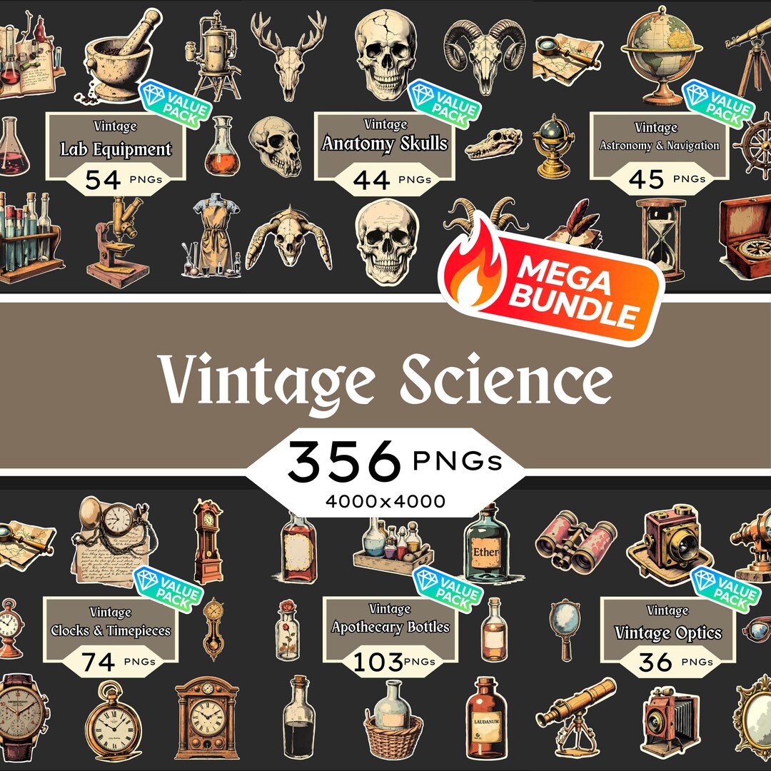 356 Vintage Science Clipart Mega Bundle: Dark Academia Ephemera (PNG ...