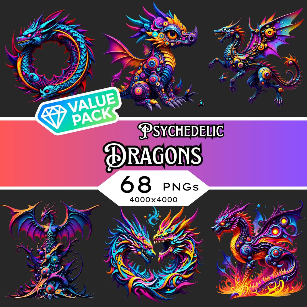 Psychedelic Dragon Clipart Set • Fantasy Neon PNG Images (digital ...