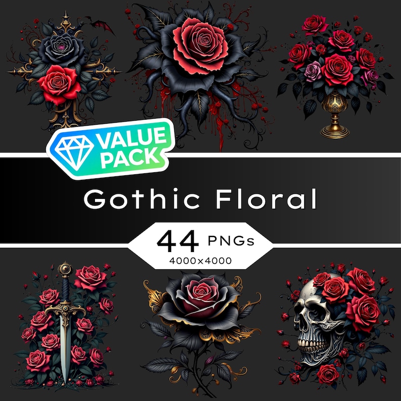 Gothic Clipart Bundle • Dark Romance Skulls, Floral PNG Graphics ...