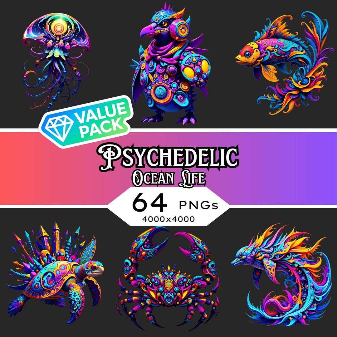 64 Psychedelic Ocean Life Clipart Pngs • Shark Dolphin Whale Octopus ...