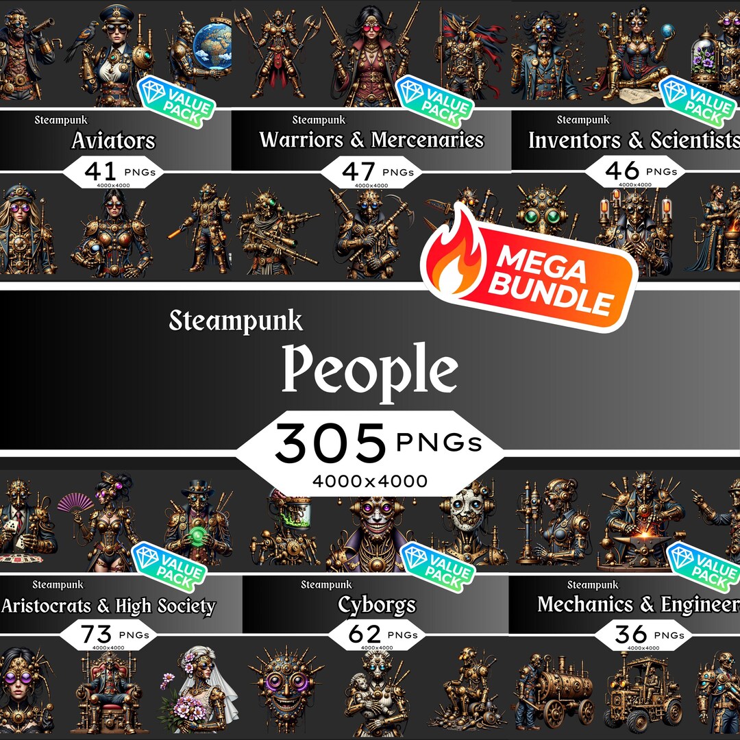 Steampunk People Clipart PNG Bundle: Aviator, Scientist, Warrior (305 ...