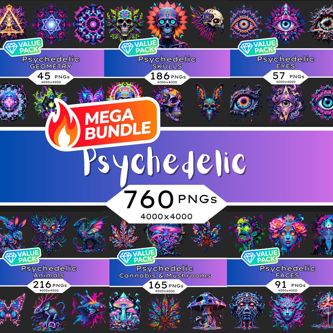 760 Psychedelic Clipart MEGA Bundle • Trippy Skulls, Animals, Faces ...