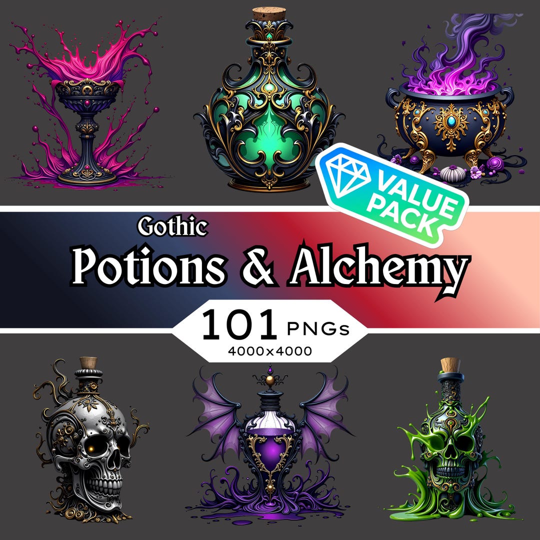 101 Gothic Potion and Alchemy Clipart PNG • Magic Bottle Skull Vial ...