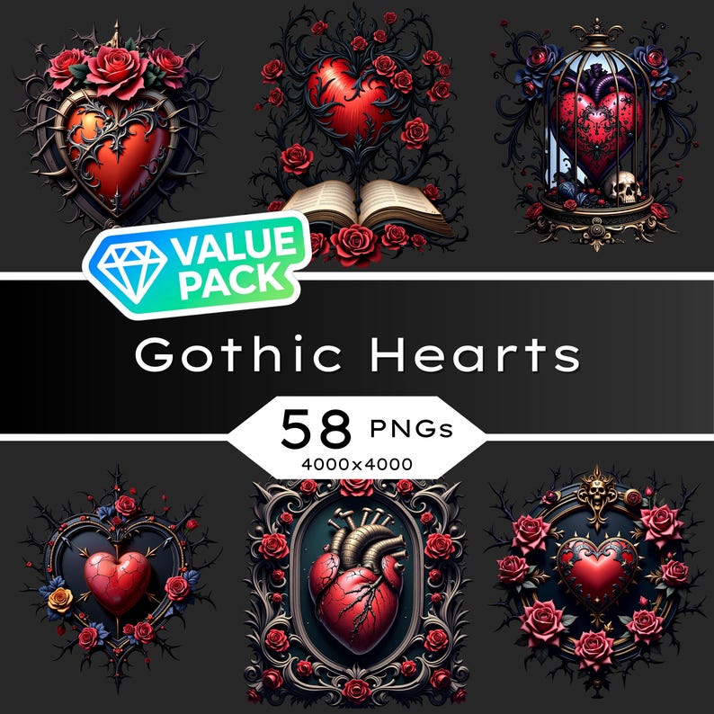 58 Gothic Hearts Clipart Bundle • Black Heart PNG Graphics for ...