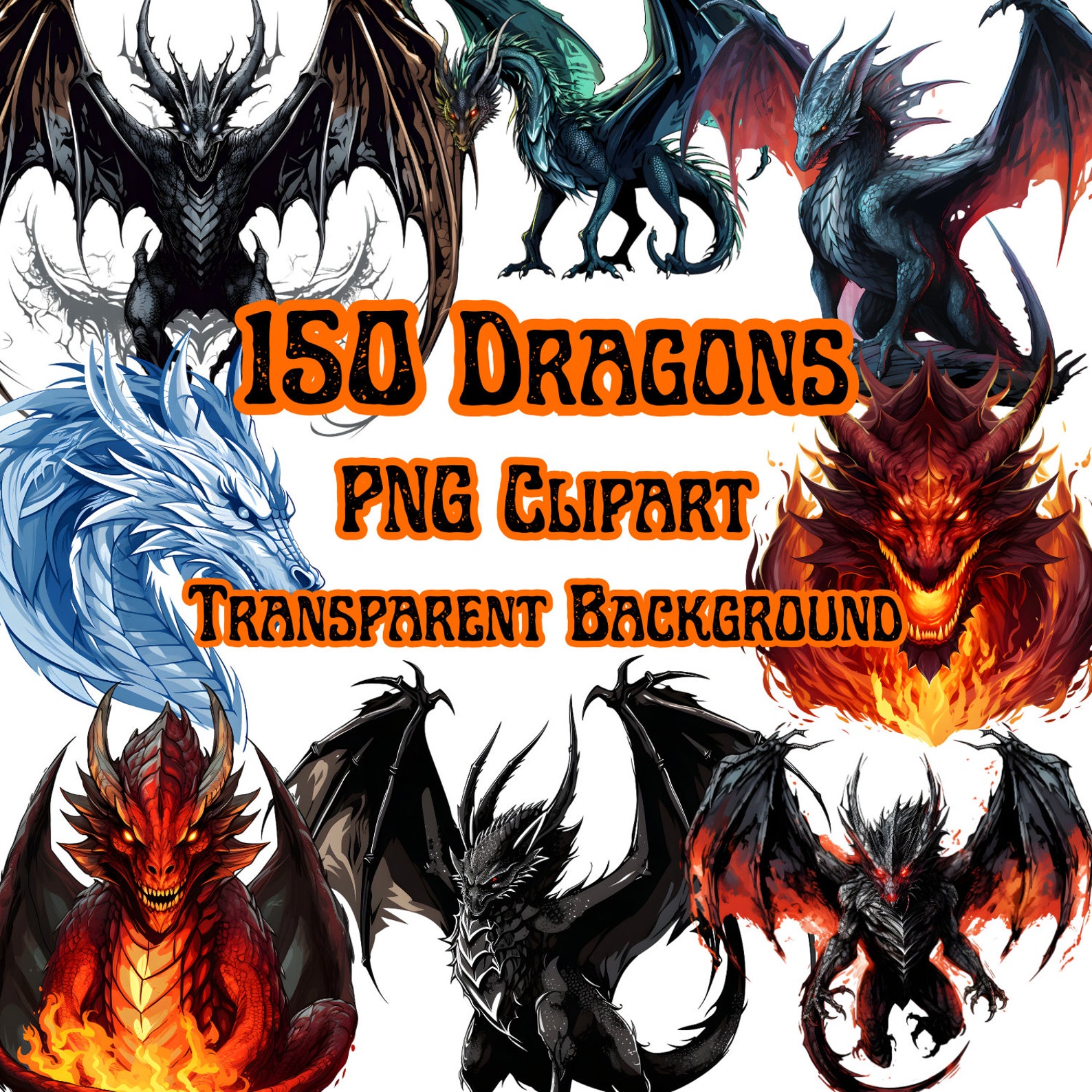 Clipart Dragons PNG | 150+ Image Bundle | Digital Dragon Art | Dragon ...