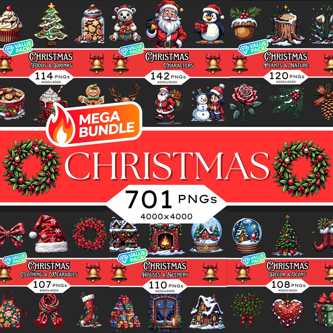 Christmas Clipart MEGA Bundle • 701 PNG Holiday Elements (digital ...
