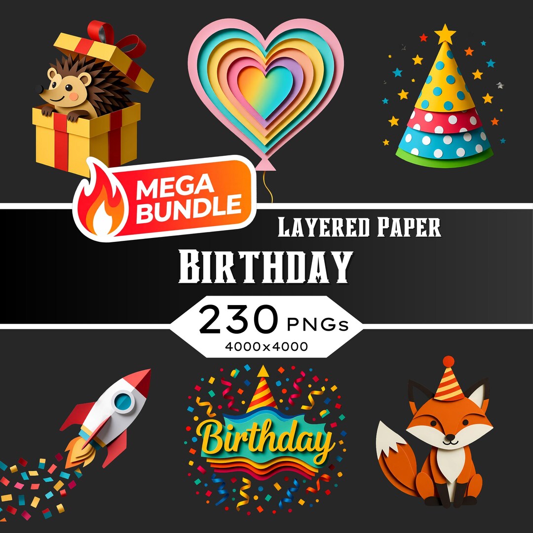 Happy Birthday Clipart Set: Layered Paper PNG Images (digital Download ...