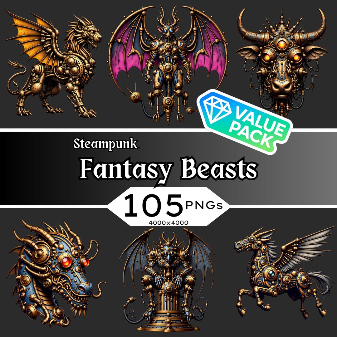 105 Steampunk Fantasy Creature Clipart PNG • Mechanical Dragon Phoenix ...