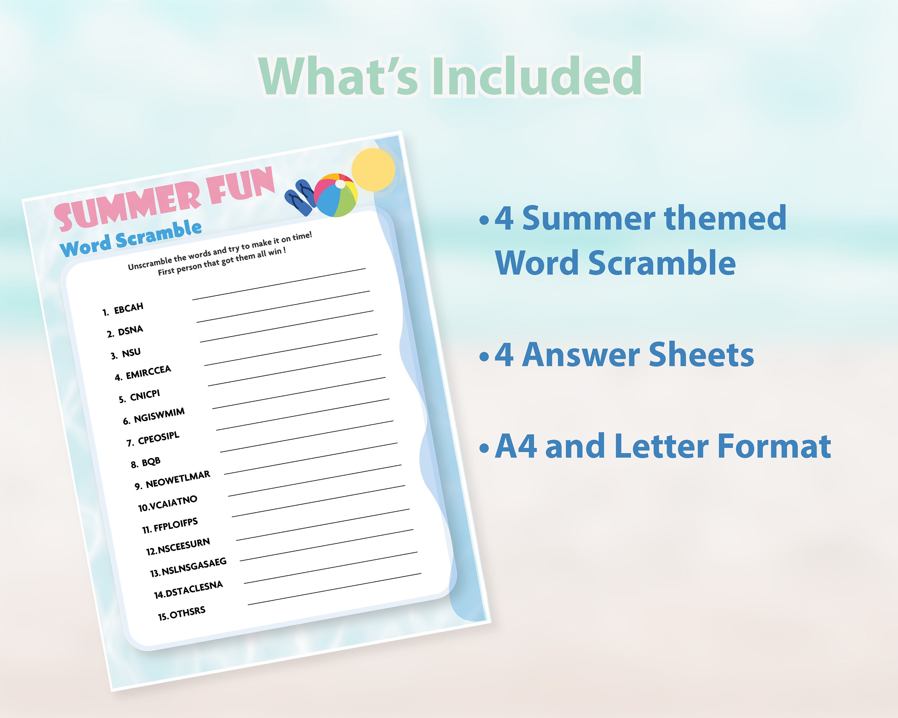 Summer Word Scramble, Word Scramble Game, Summer Games for Kids, Summer ...