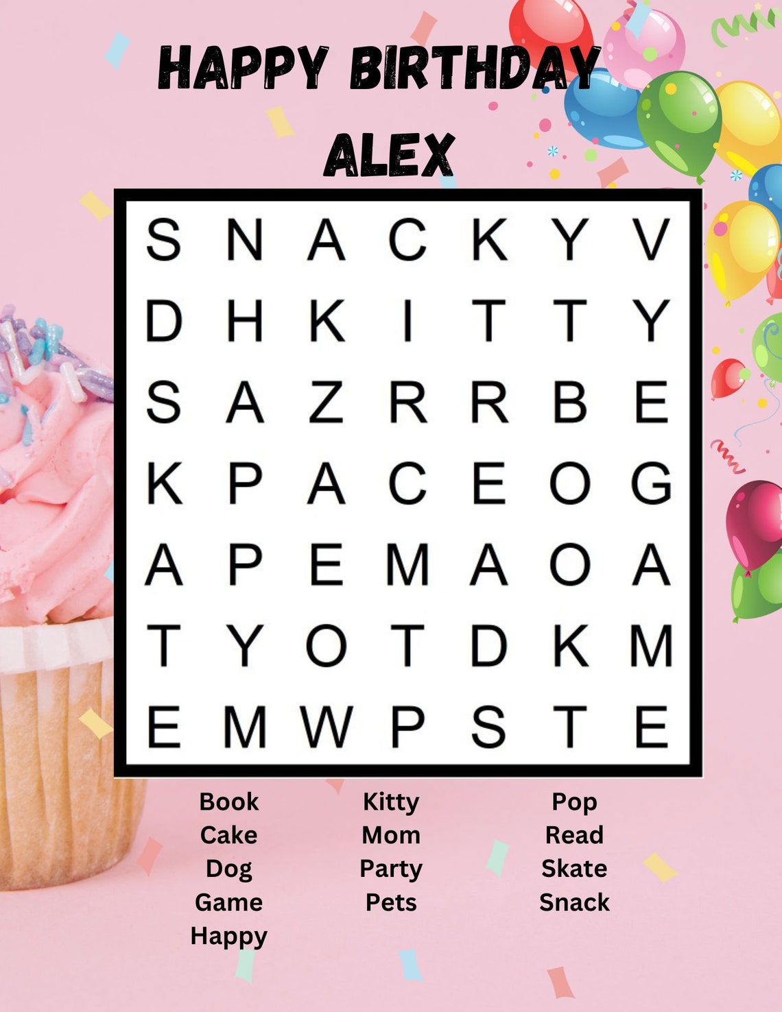 Custom Personalized Birthday Party Word Search Puzzle to - Etsy