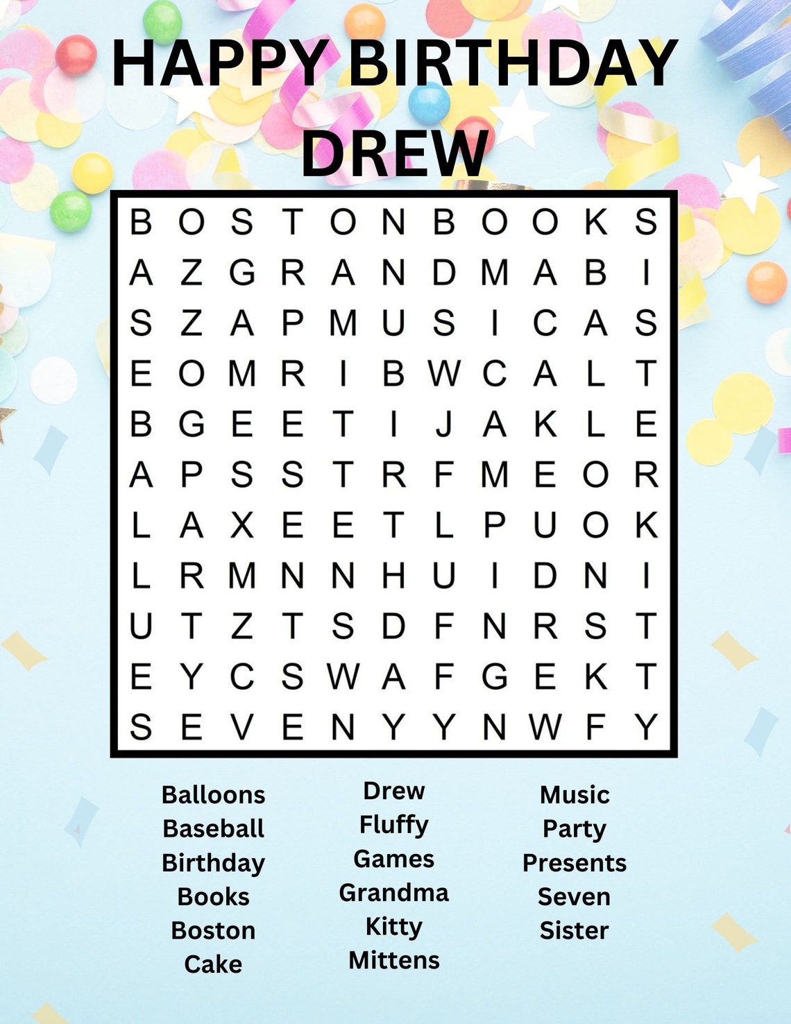 Custom Personalized Birthday Party Word Search Puzzle to - Etsy