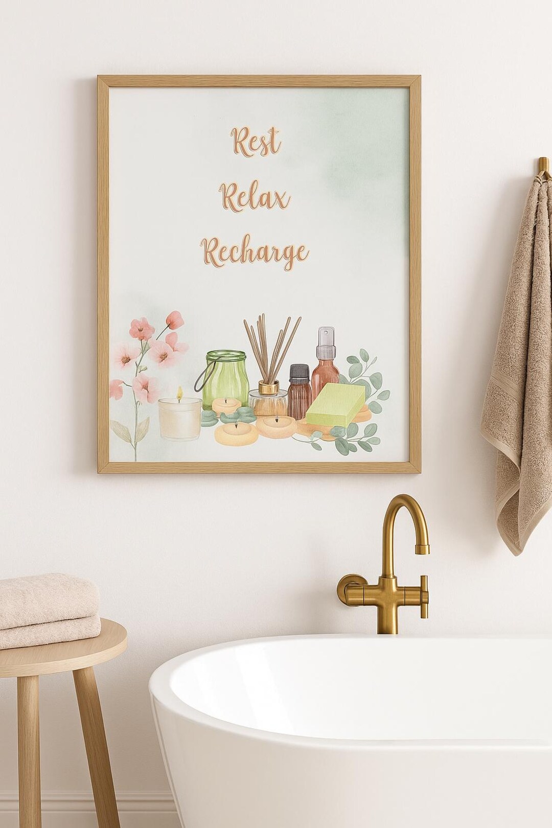 Rest Relax Recharge Wall Art, Spa Bathroom Decor, Self Care Printable ...