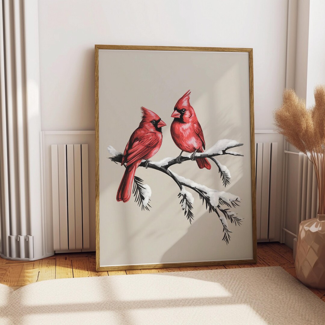 Cardinal Birds Poster, Winter Red Cardinal Pair Wall Art, Snowy Branch ...