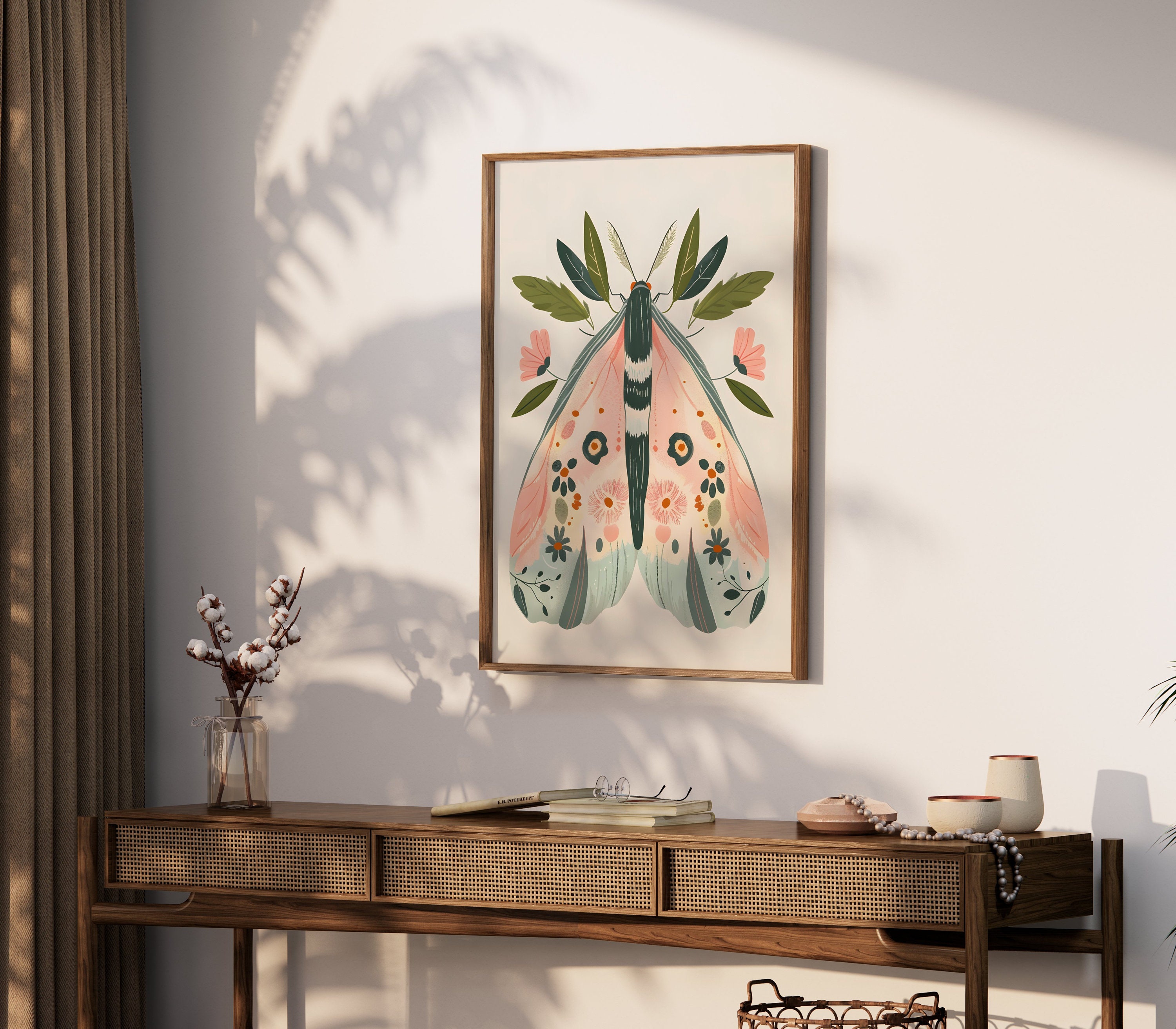 Boho Folk Art Moth Poster, Unframed Wall Art, Bohemian Cottagecore ...
