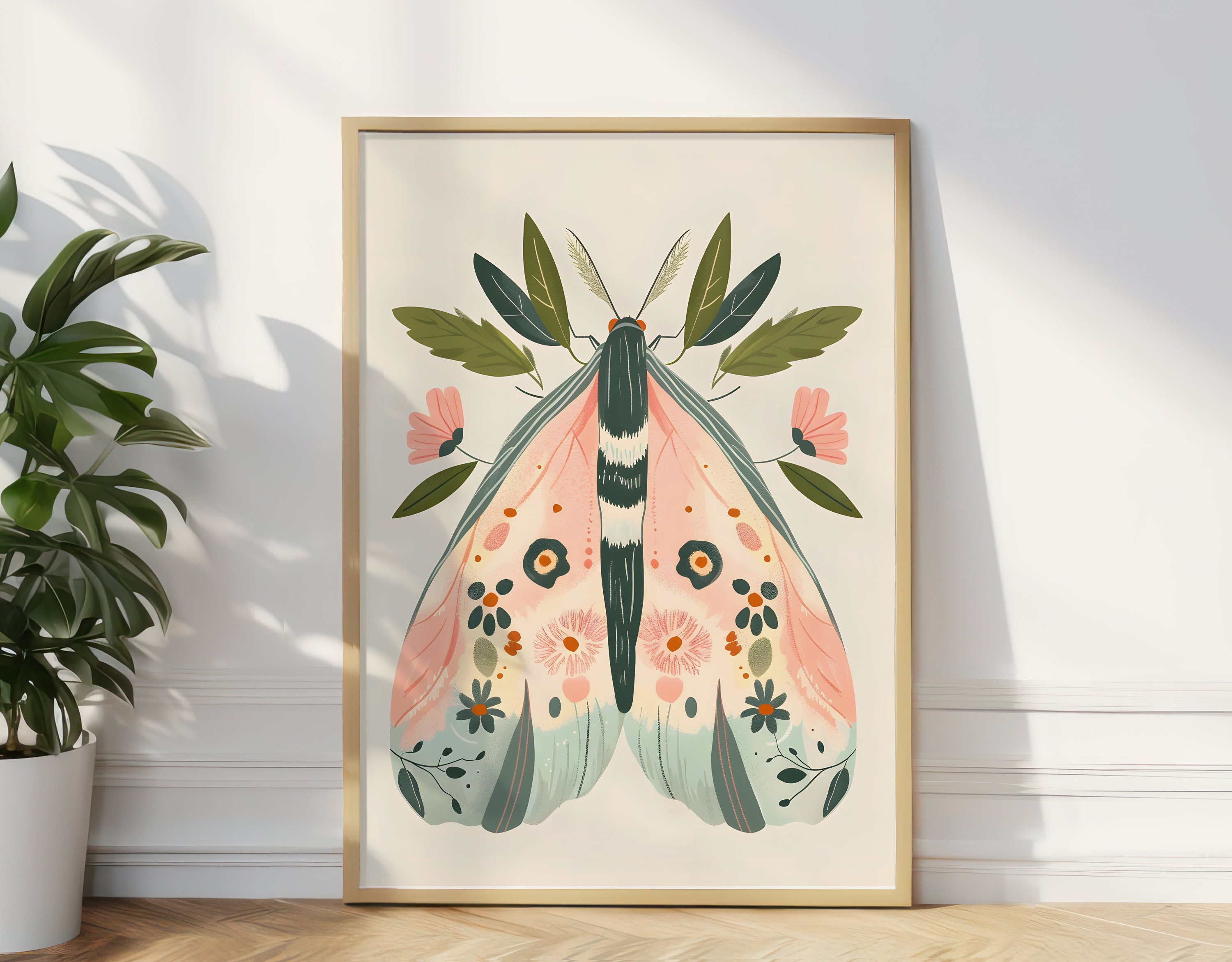 Boho Folk Art Moth Poster, Unframed Wall Art, Bohemian Cottagecore ...