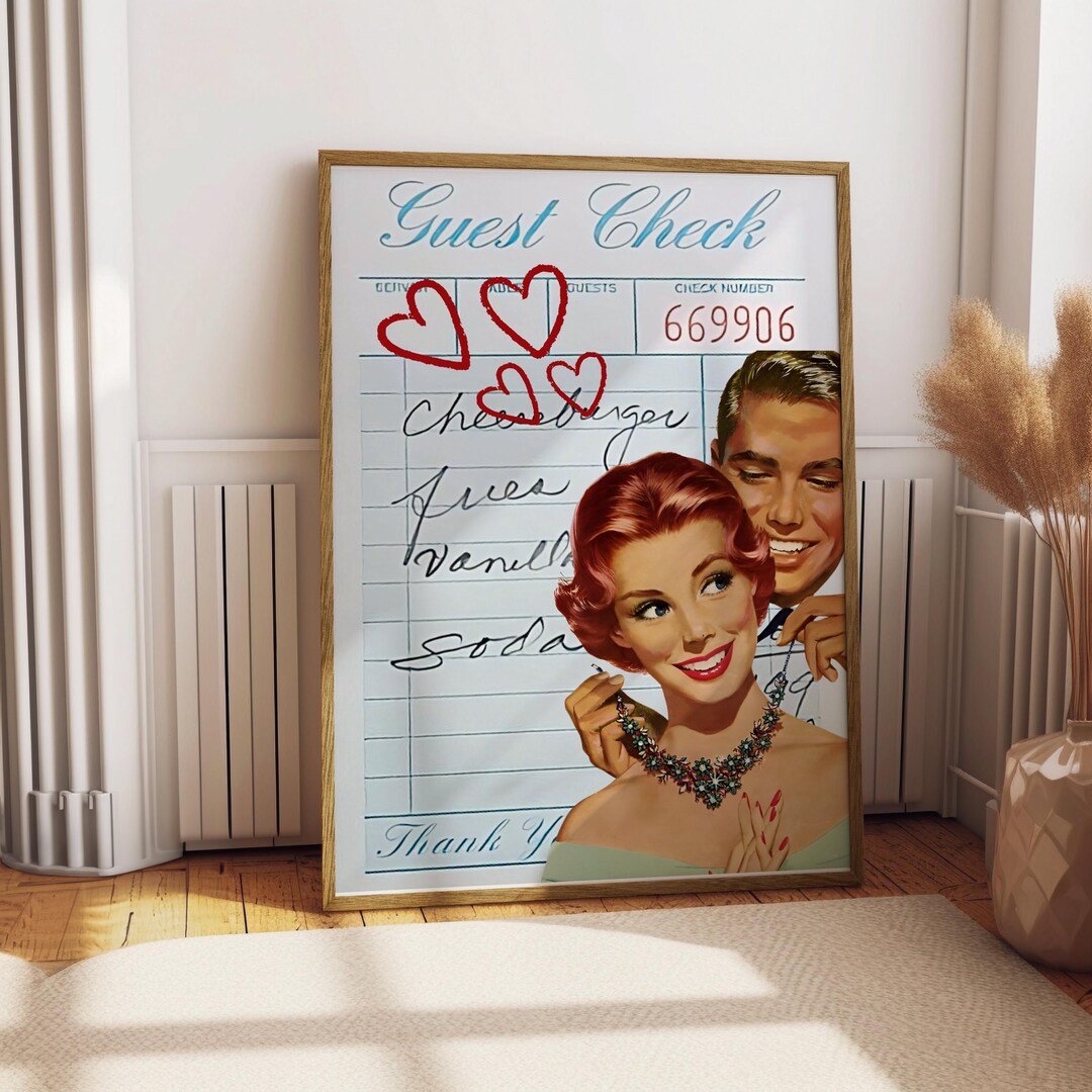 Vintage Guest Check Poster, Retro Couple Art, 1950s Diner Vibes ...