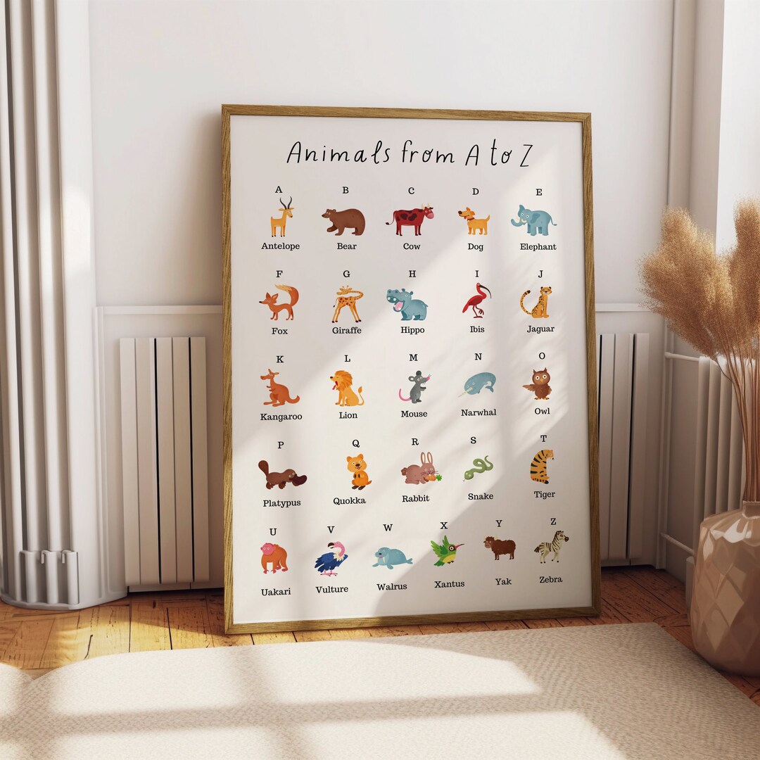 Animals From A to Z Poster, Alphabet Animal Wall Art for Kids ...
