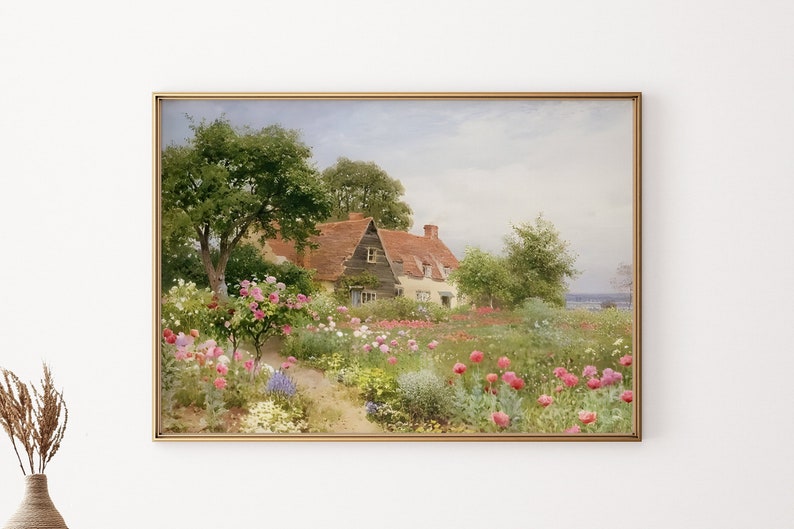 Vintage Cottage Garden Poster, Unframed Wall Art, Pastel Flower ...