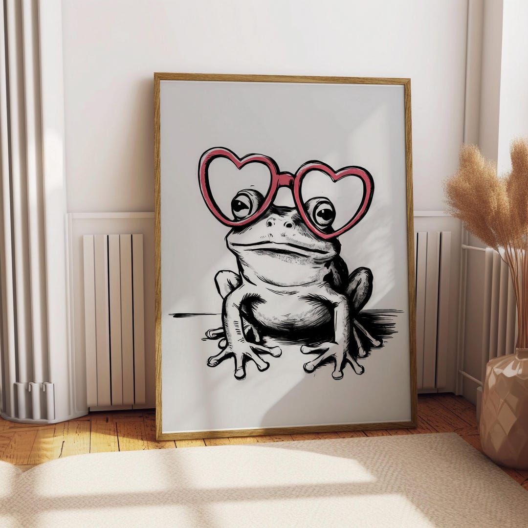 Cute Frog Poster With Heart Glasses Wall Art, Funny Frog Sketch Print ...
