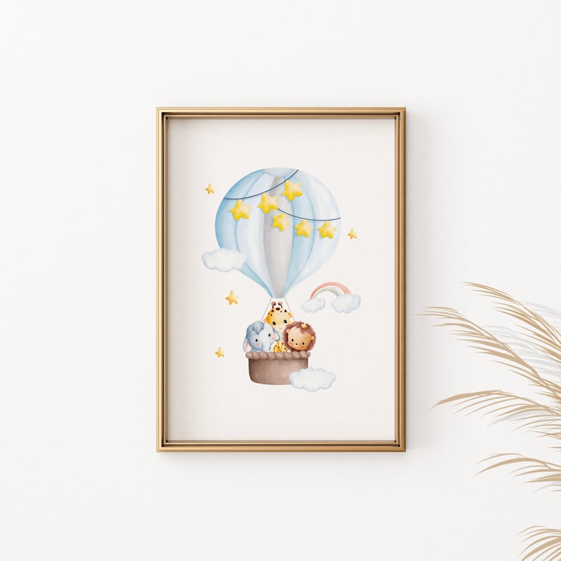 Hot Air Balloon Animals Nursery Wall Art, Baby Room Decor, Cute ...