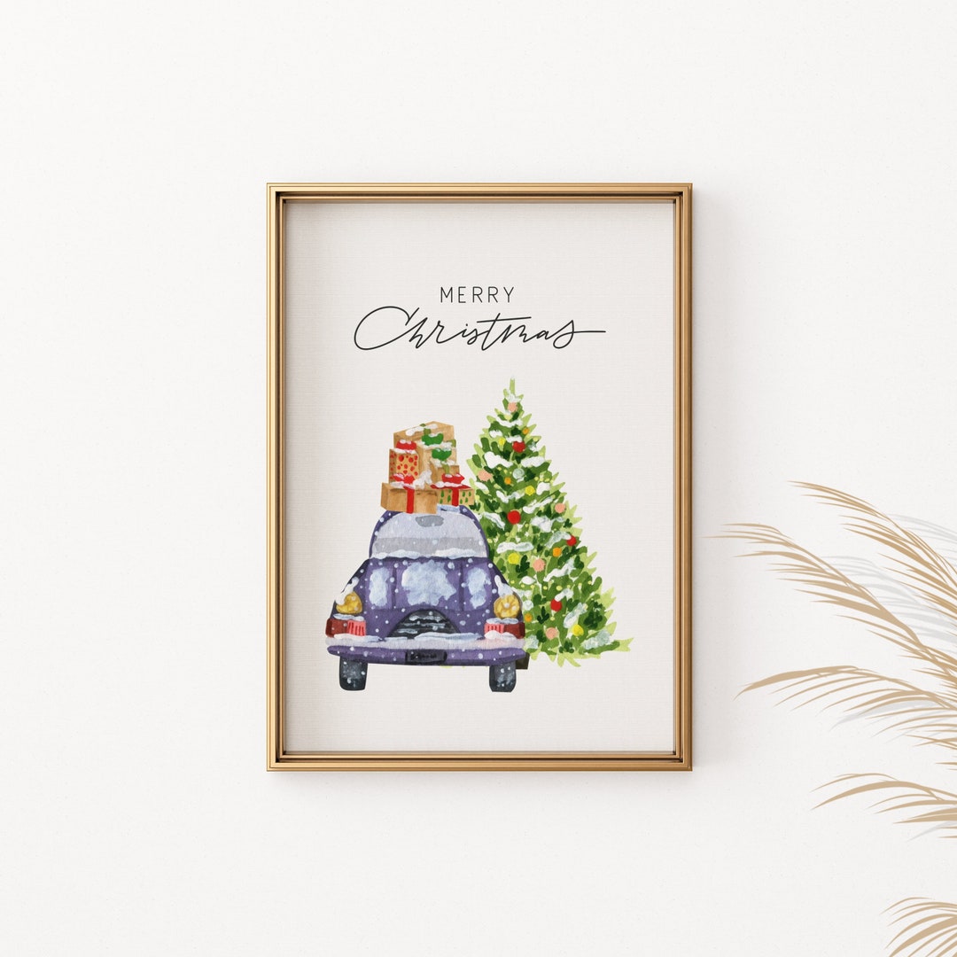 Merry Christmas Wall Art, Car With Presents, Winter Holiday Decor ...