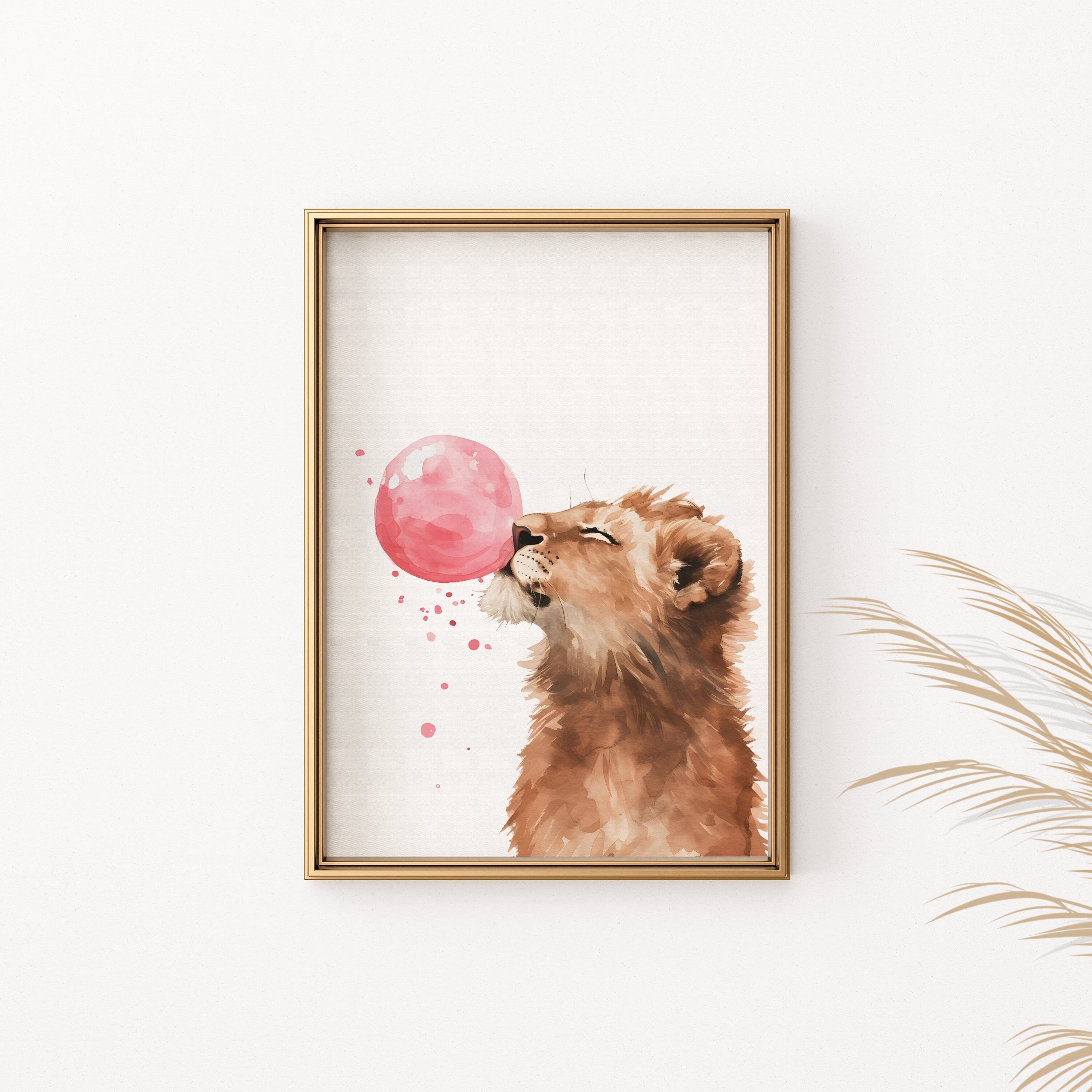 Cute Baby Lion With Bubblegum Wall Art, Whimsical Animal Print, Nursery ...