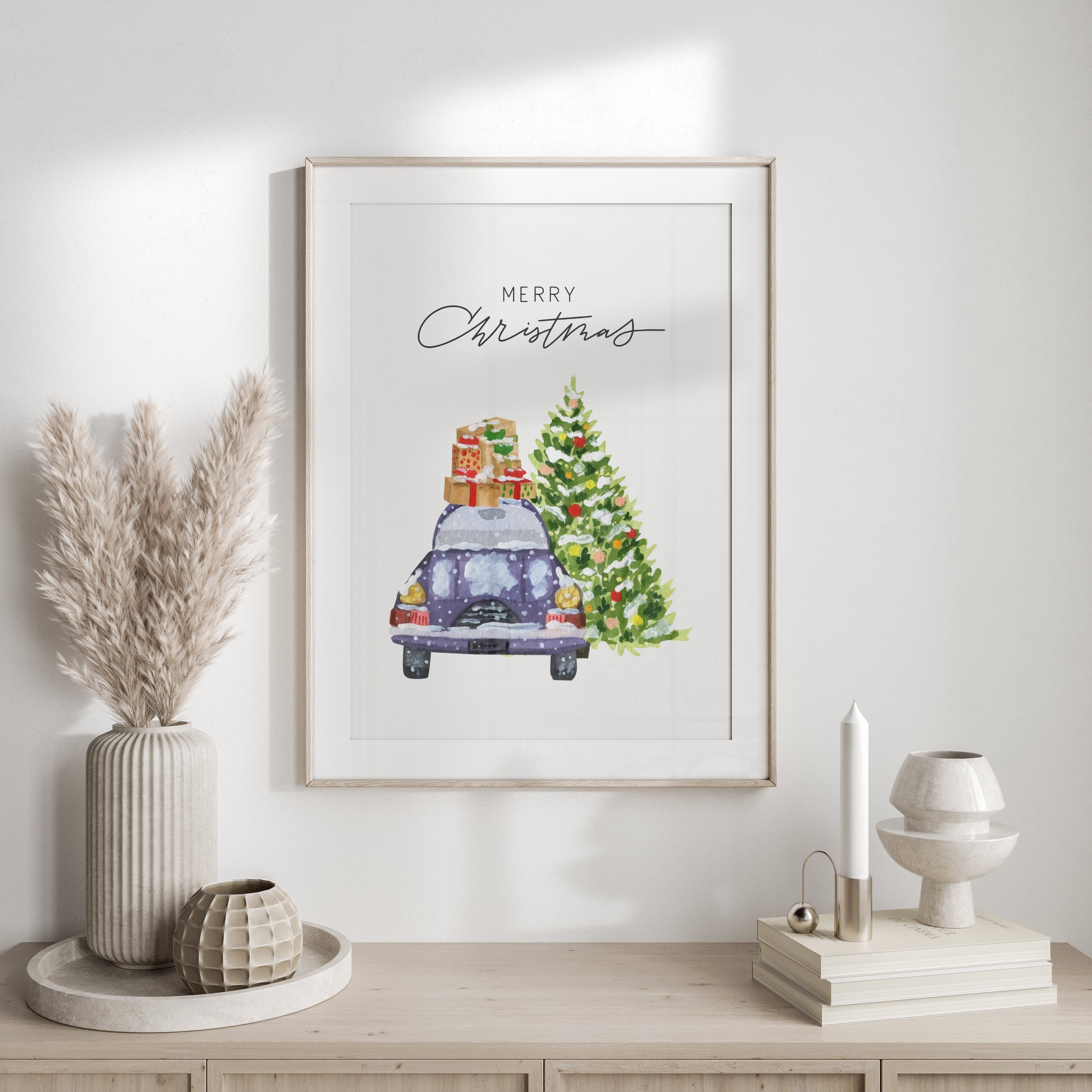 Merry Christmas Wall Art, Car With Presents, Winter Holiday Decor ...