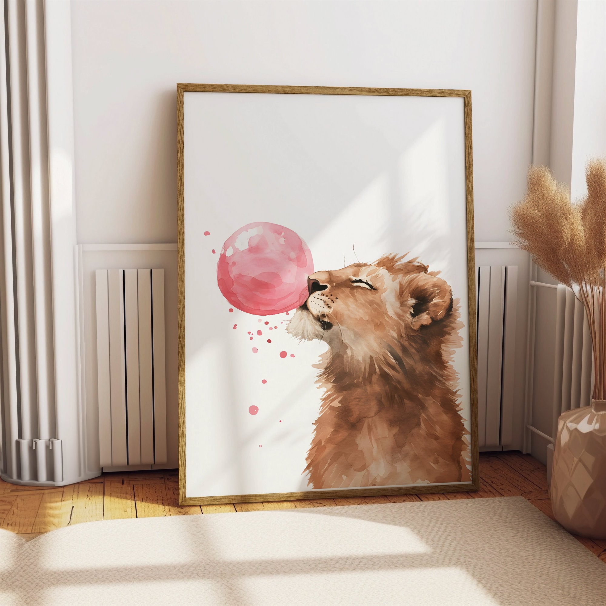 Cute Baby Lion With Bubblegum Wall Art, Whimsical Animal Print, Nursery ...