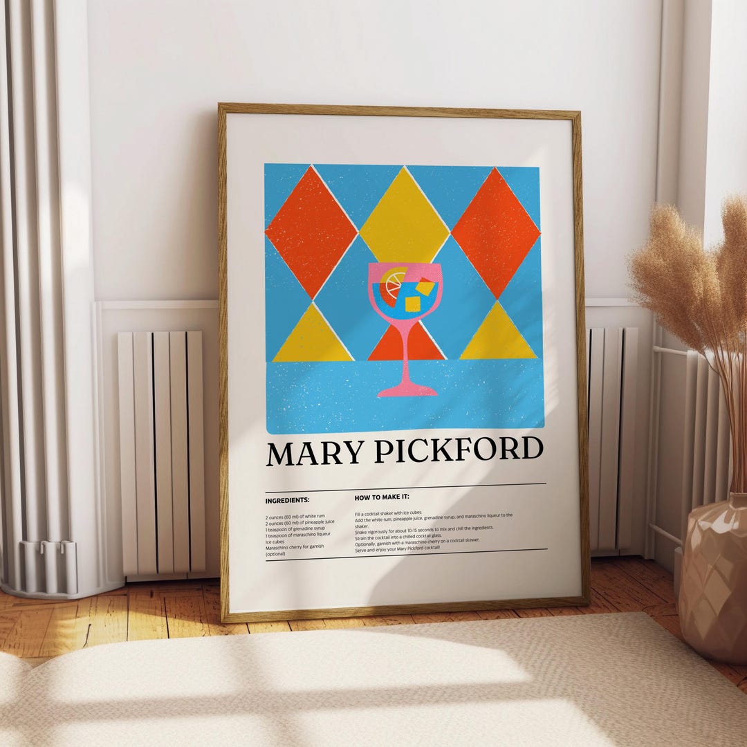 Retro Mary Pickford Cocktail Poster, Vintage Bar Wall Art, Colorful ...