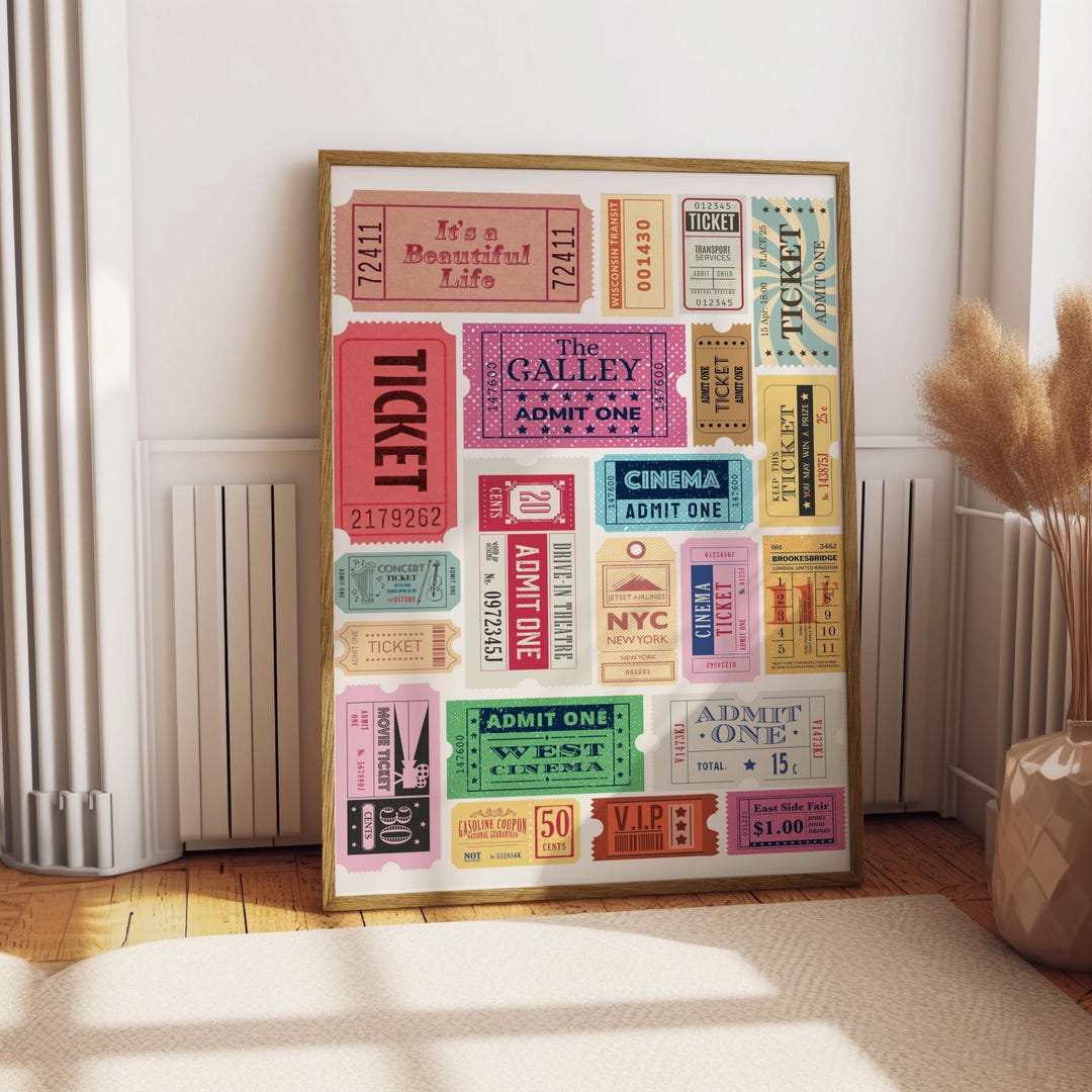 Vintage Ticket Stubs Art, Colorful Retro Wall Decor, Movie Tickets ...