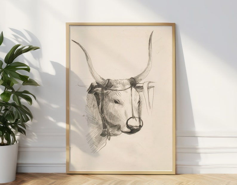 Bull Head Drawing, Rustic Farmhouse Art, Western Style Wall Decor ...