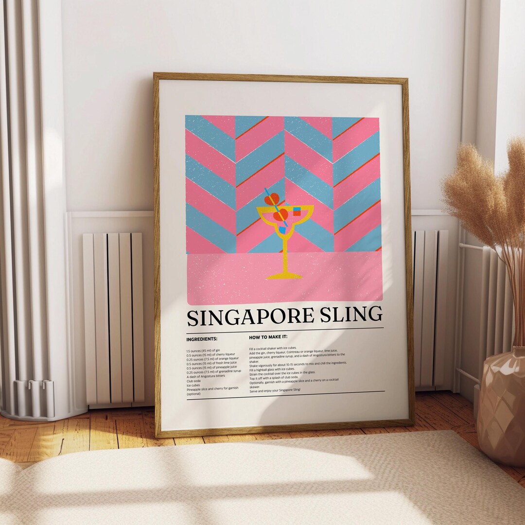 Vintage Bar Art Singapore Sling Poster, Cocktail Wall Decor, Retro ...