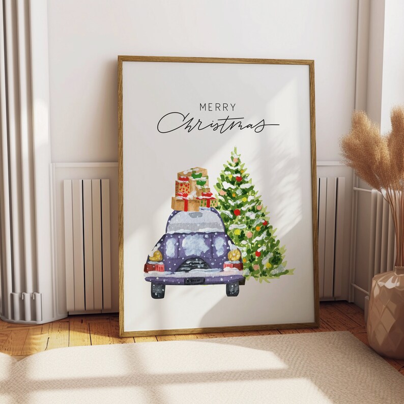 Merry Christmas Wall Art, Car With Presents, Winter Holiday Decor ...