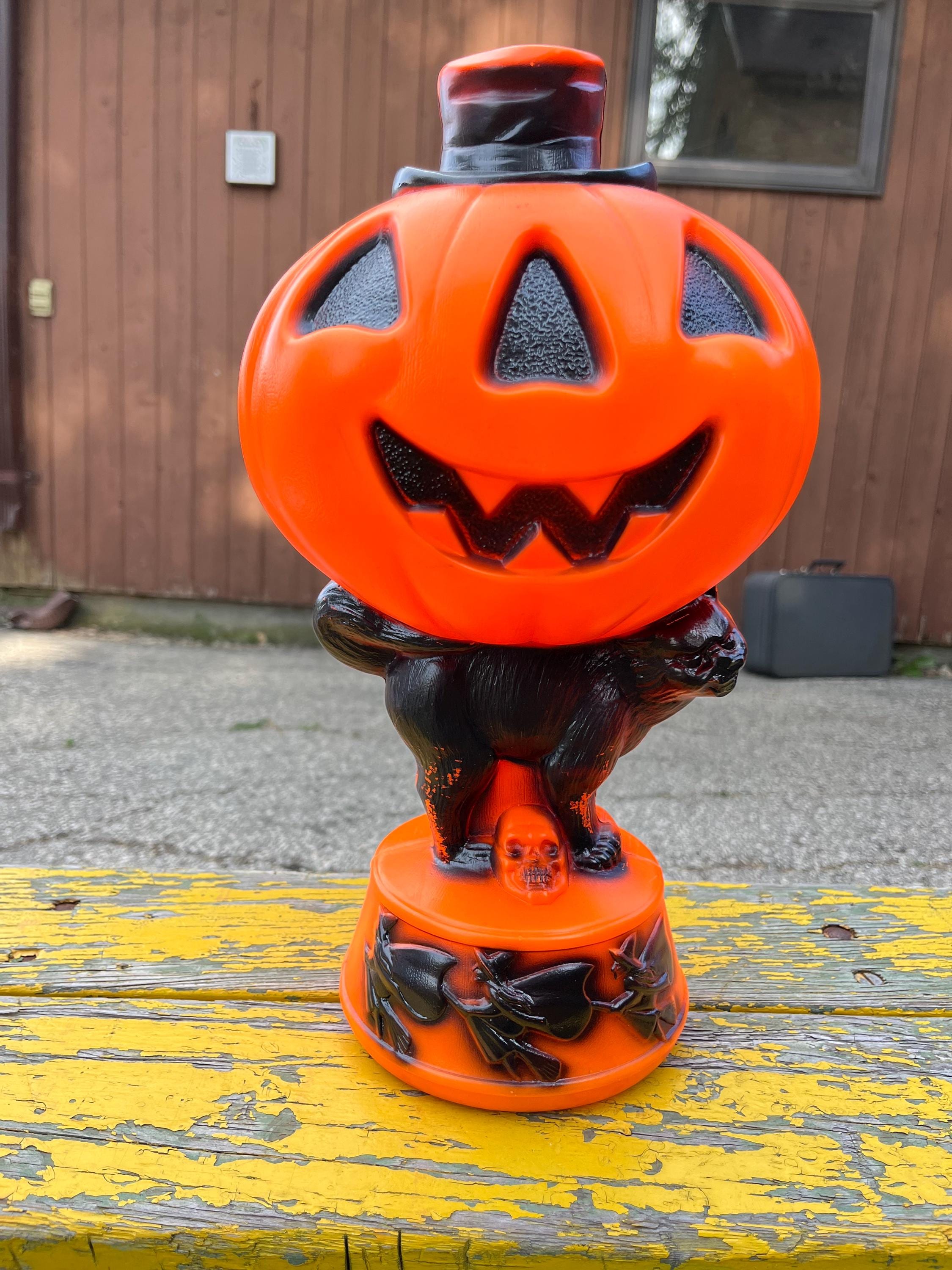 Pumpkin Jack O' Lantern Black Cat Small Tabletop Decoration Blow Mold Halloween Decor Vintage ...