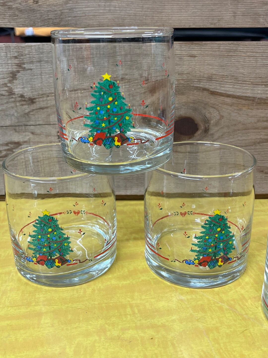 Christmas Glasses Xmas Tree Set of 3 Rocks Glass Vintage Glassware ...