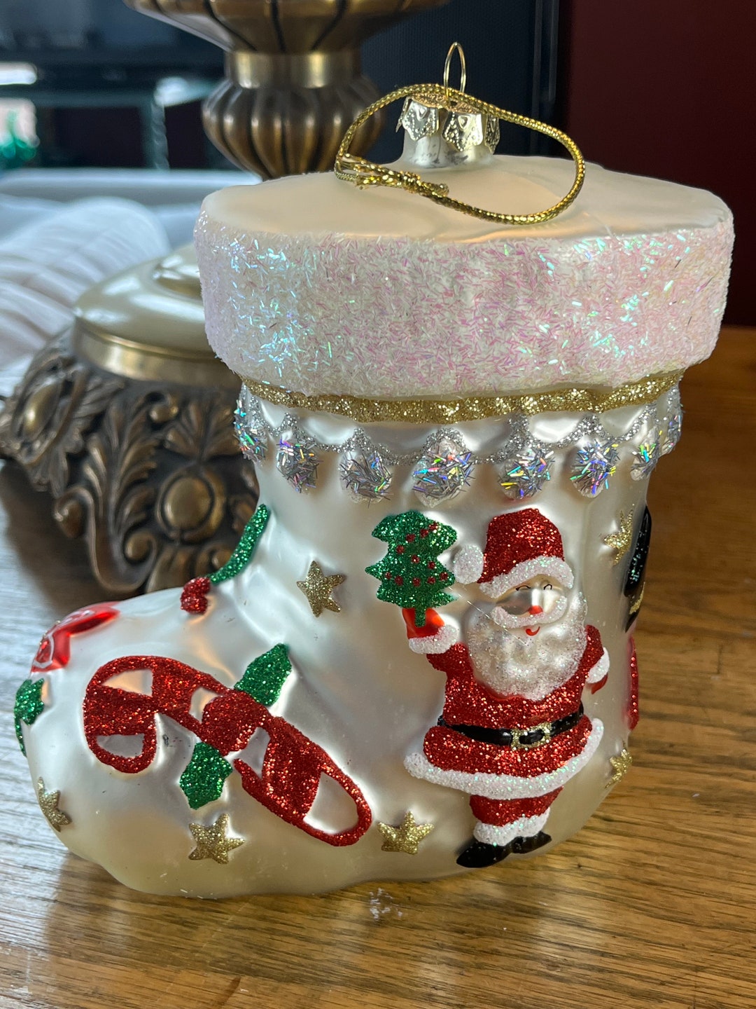 White Christmas Stocking Santa Boot Snowmen Tree Glass Ornament Fitz ...