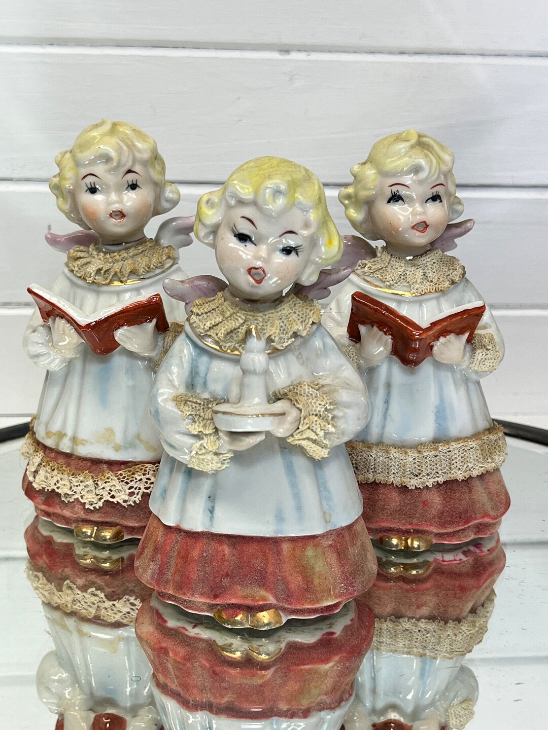 Porcelain Angel Figurines Flocked Red Robe With Lace Trim Made in Japan ...