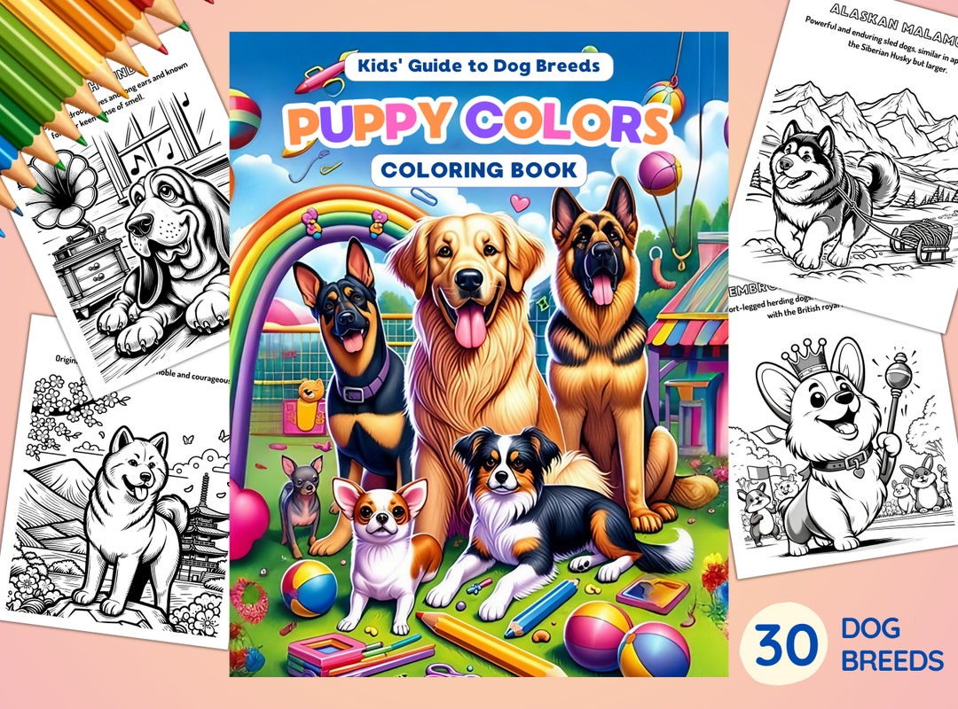 Puppy Colors Kids Coloring Book: Dog Breeds Coloring Book 30 Printable ...
