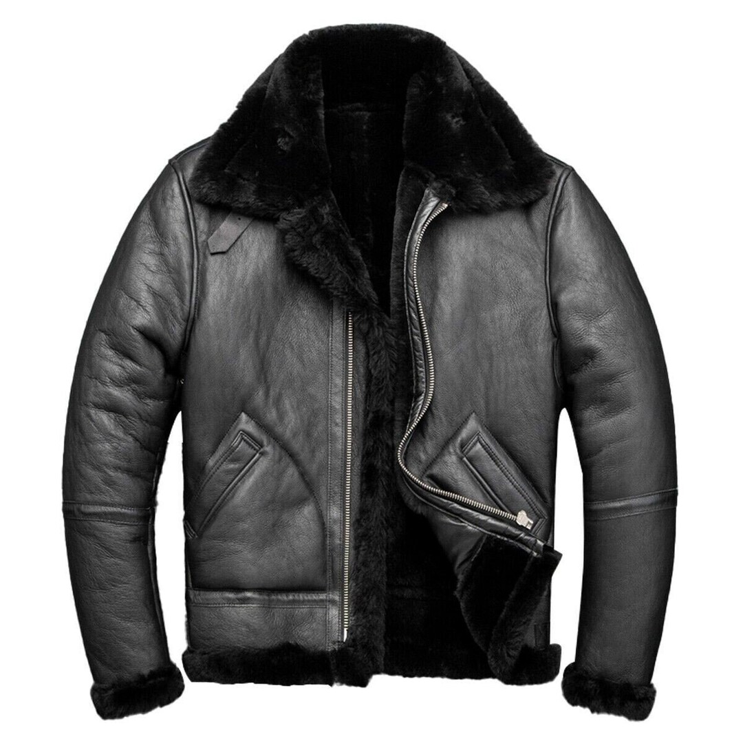 BLACK B3 Bomber RAF Aviator Jacket, Mens Real Leather Shearling ...