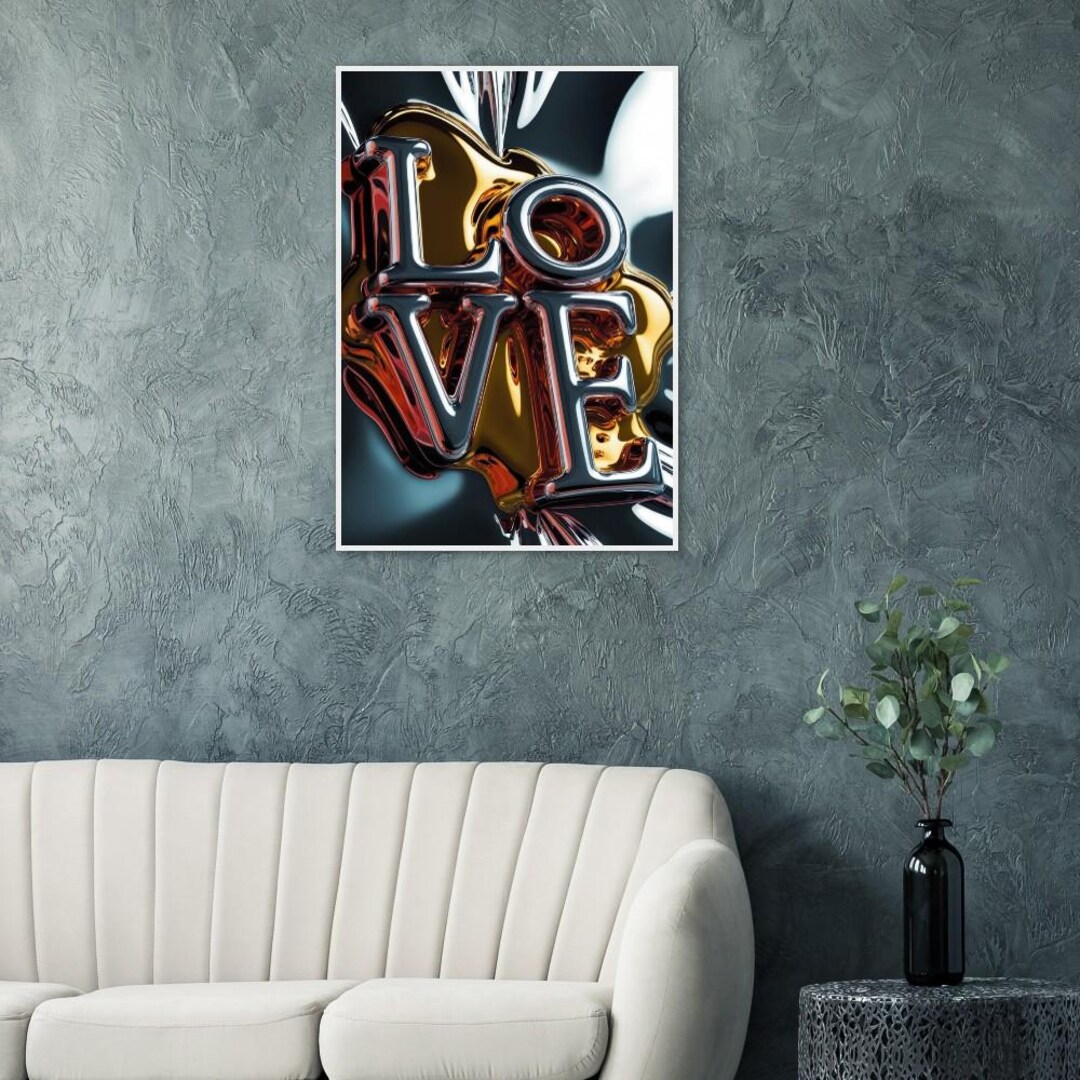 Reflective Love Poster Chrome Metal Design in Black Frame Modern Wall ...