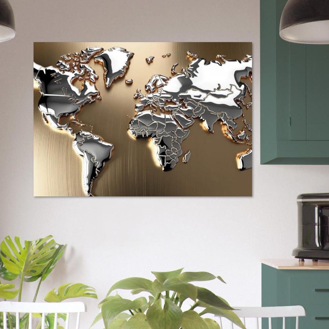3D Metallic Silver Gold World Map Poster Luxurious Modern Wall Art ...