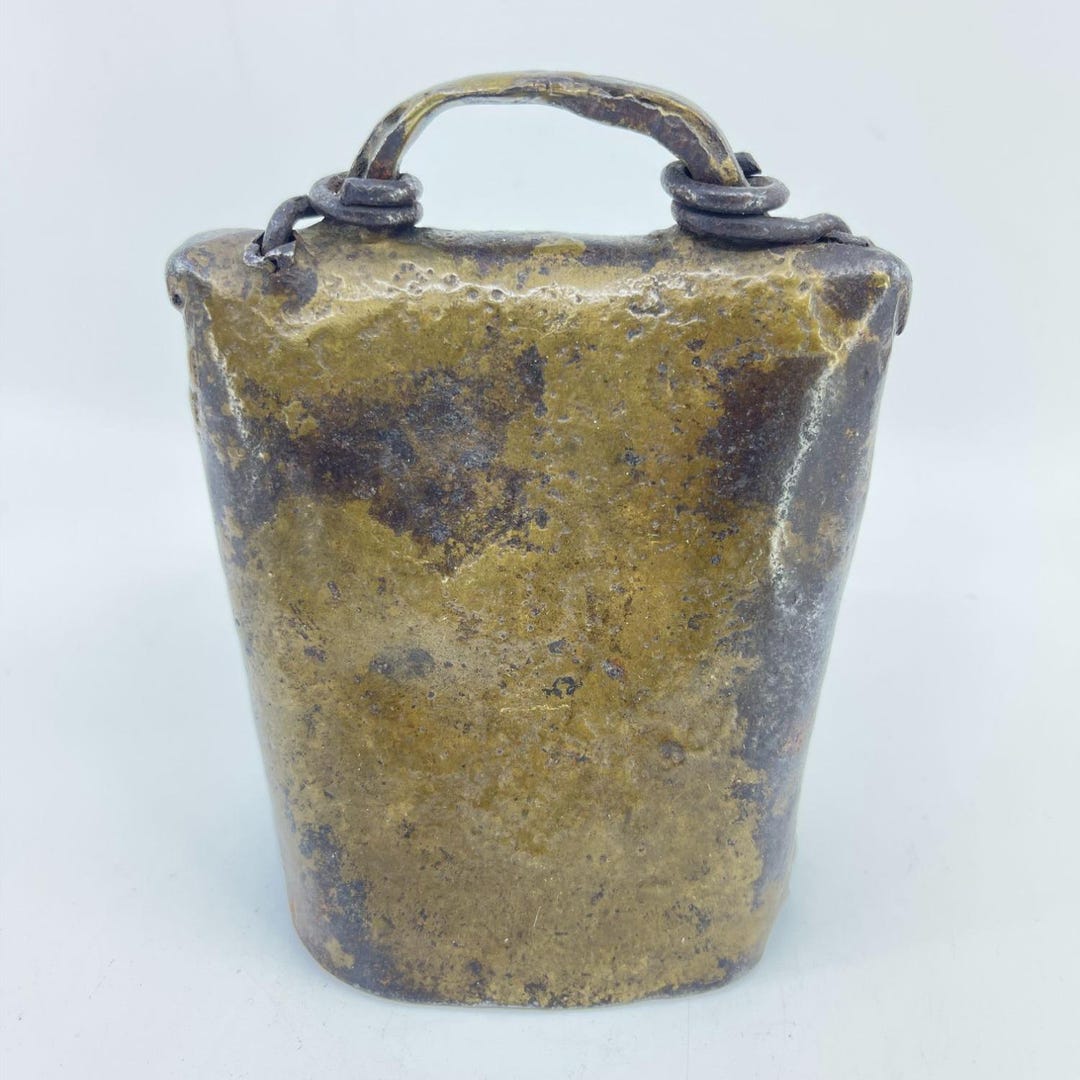 Vintage Handmade Rustic Brass Cow Bell With Handle & Weathered Patina ...