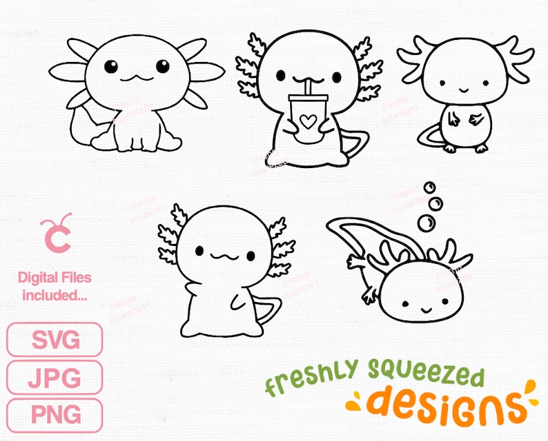 Cute Axolotl Bundle, Color and Outline Designs, Kawaii Animal Baby, SVG ...