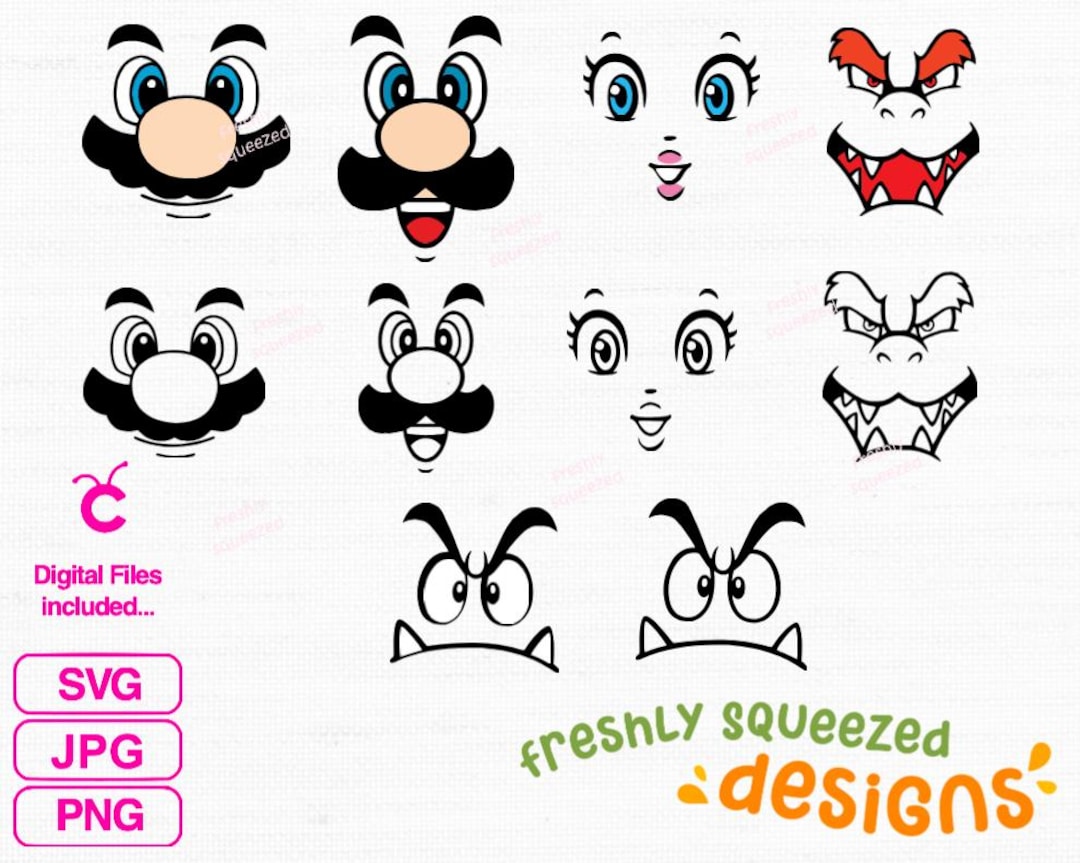 Mario Faces Collection - SVG PNG JPG Bundle, Peach Bowser Luigi Mario ...