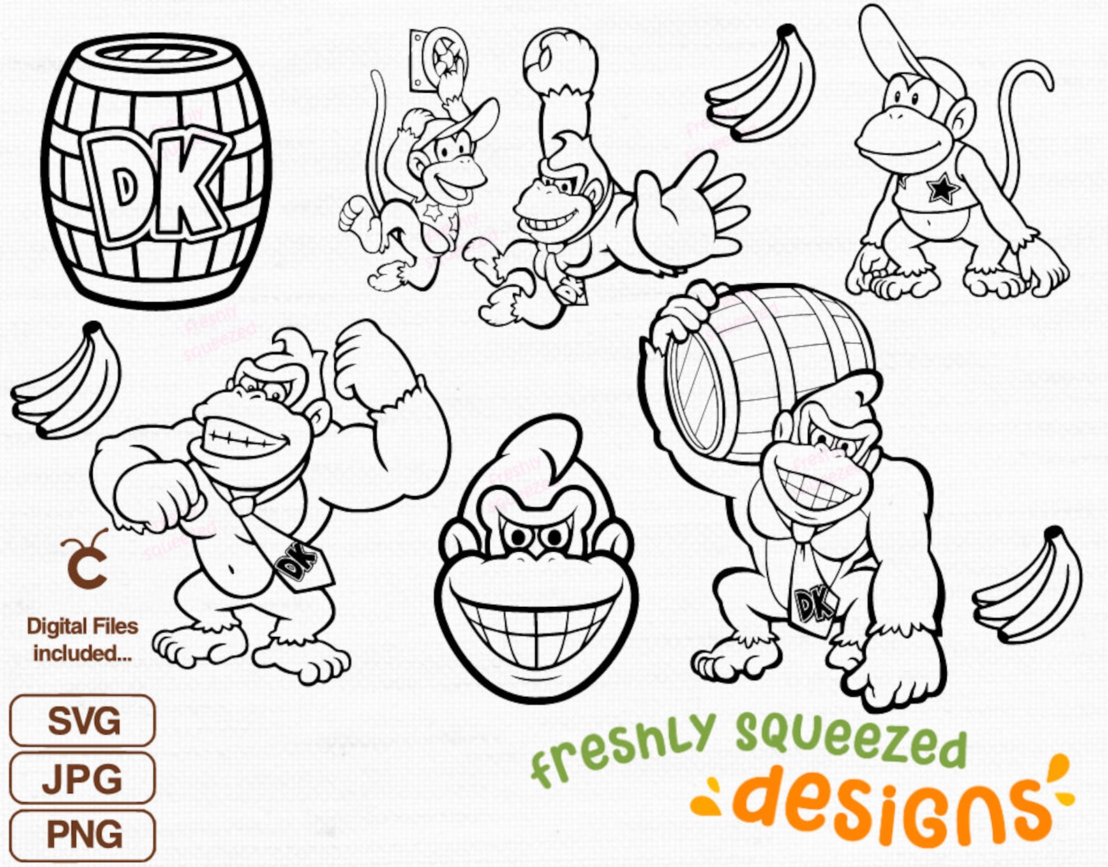Donkey Kong and Diddy Collection Svg Png Jpg Bundle, Banana, Barrel ...