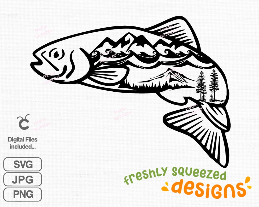 Salmon Coho Tree Mountain Silhouette, Westcoast Design, Fish Silhouette ...